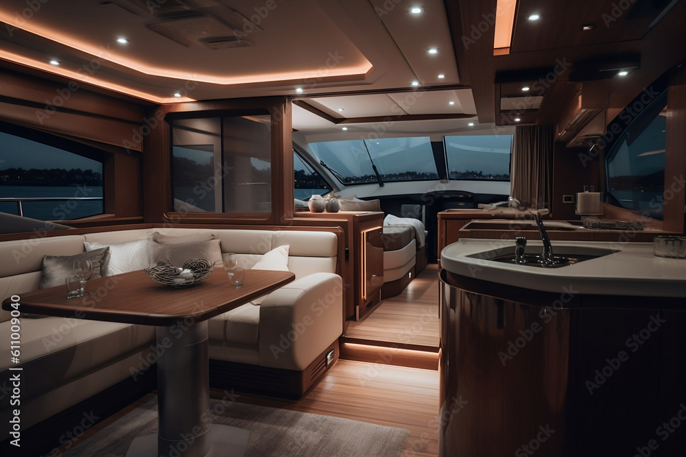 Details of luxury motor yacht interior, furnishing decor of the salon ...