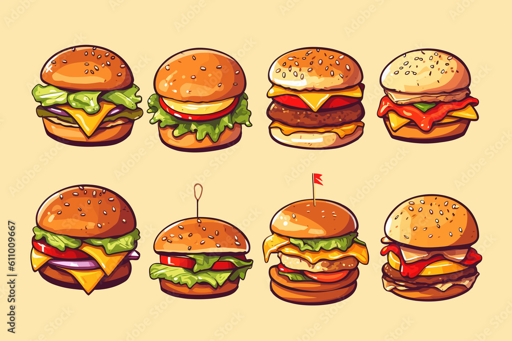 Hamburger set collection graphic clipart design. Flat Generative AI ...