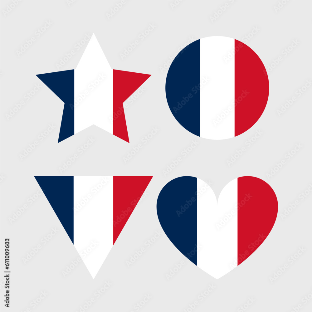 France flag vector icons set in the shape of heart, star, circle and ...
