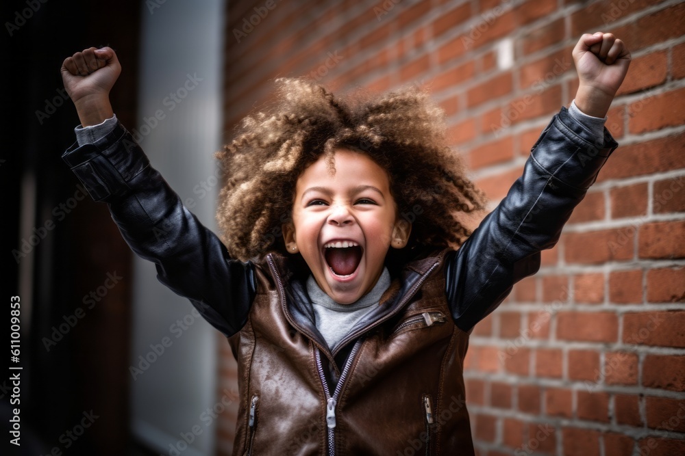 Environmental portrait photography of a grinning kid female gesturing ...
