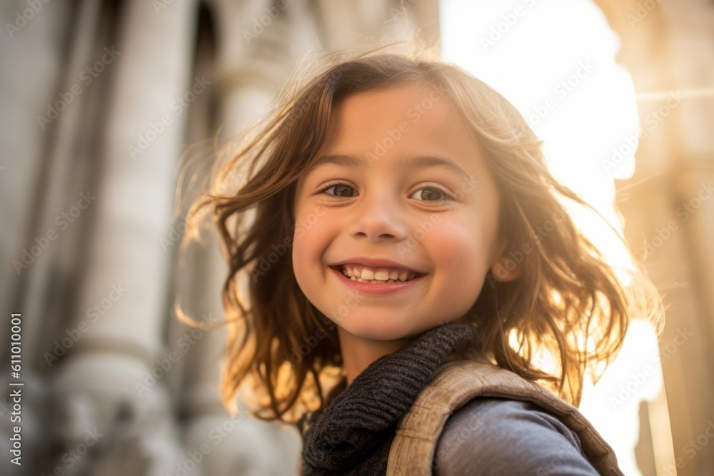 Close-up portrait photography of a joyful kid female drawing against a ...