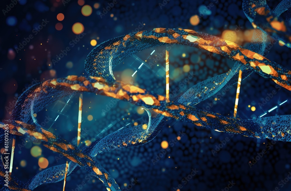 DNA hologram. DNA chain of polygons, triangles, dots and lines. DNA is ...