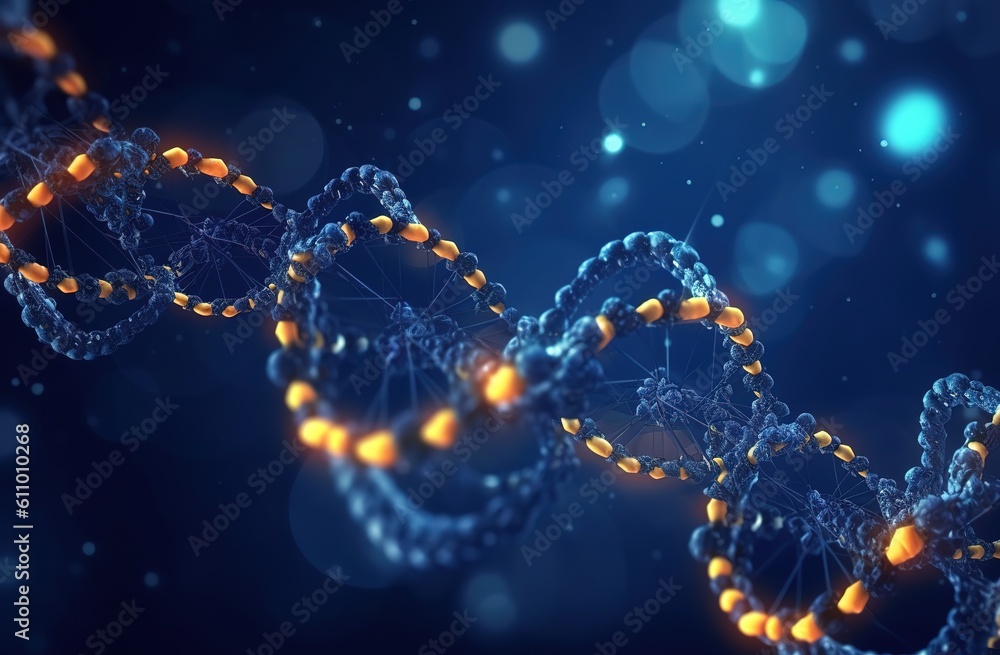 DNA hologram. DNA chain of polygons, triangles, dots and lines. DNA is ...