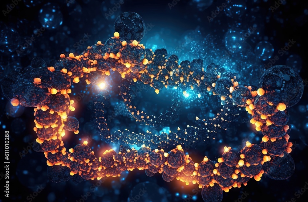 DNA hologram. DNA chain of polygons, triangles, dots and lines. DNA is ...