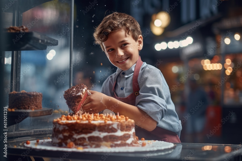 Studio portrait photography of a glad kid male making a cake against a ...