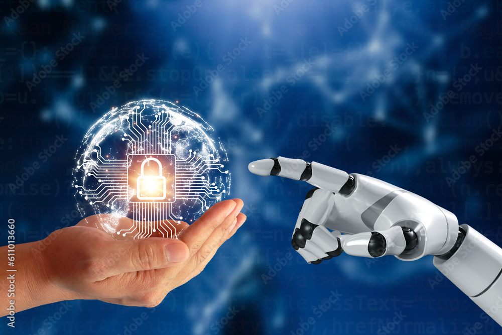 Idea unlocking technology concept with a robotic arm with a key and a ...