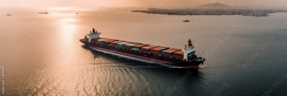 Aerial panorama of a cargo ship carrying container for import and ...
