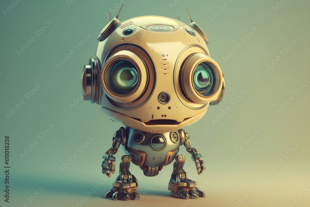 Cute friendly technological baby robot in full length. Robot's face ...