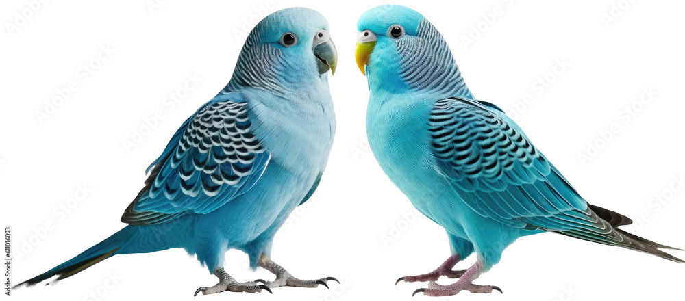 Bundle of two blue parakeets isolated on white background as transparent PNG, generative AI ...