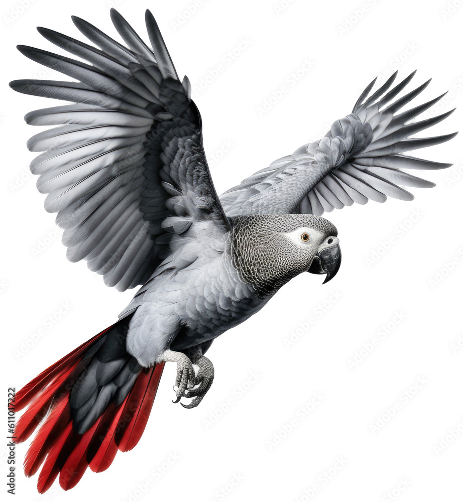 Flying african grey parrot isolated on white background as transparent ...