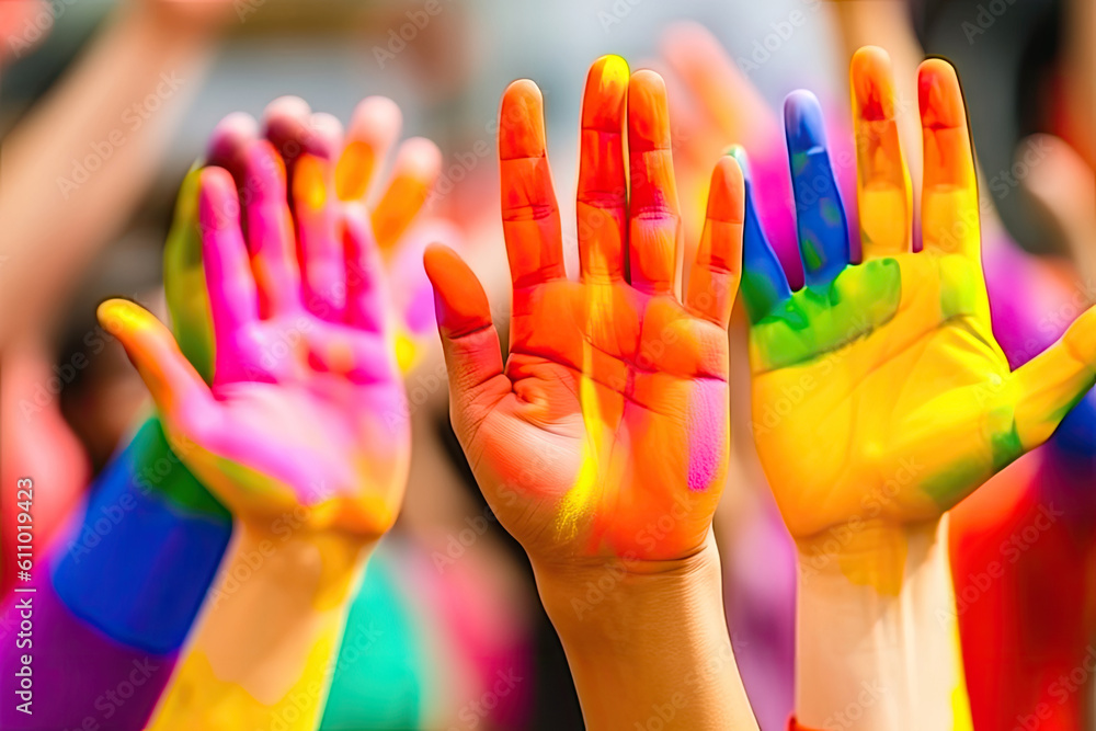 Symbol of unity: hands raised with the colors of the LGBT rainbow flag ...