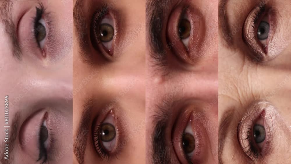 Video collage made of close-up images of different people's eyes. Man ...