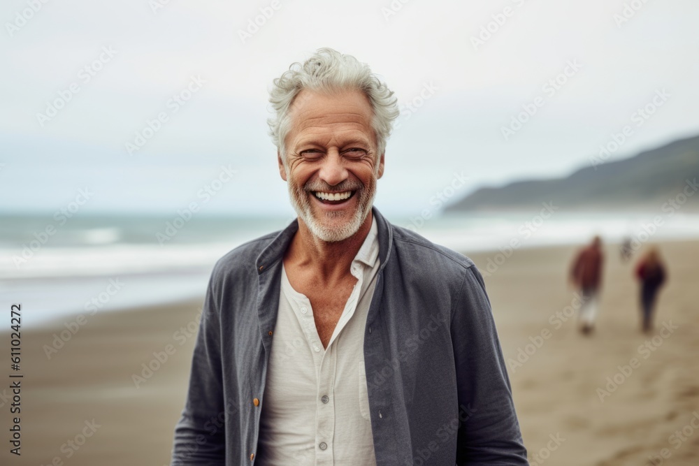 Environmental portrait photography of a grinning mature man walking ...