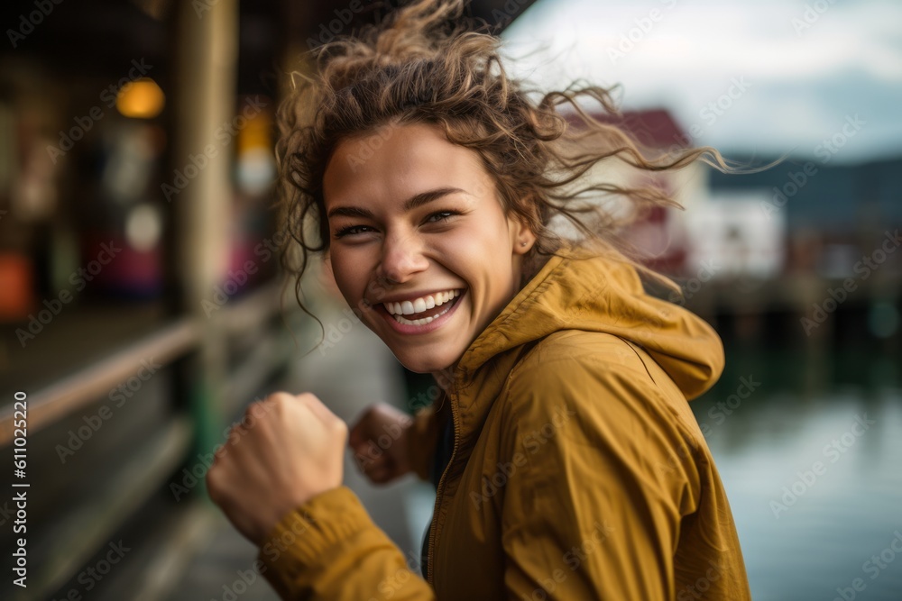 Lifestyle portrait photography of a happy girl in her 30s practicing ...