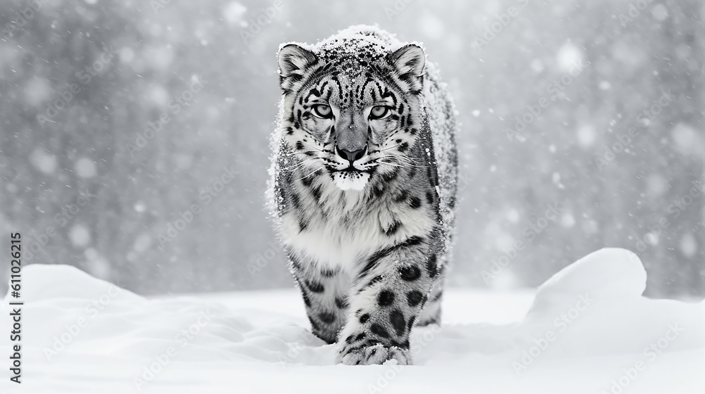 the snow leopard is walking through the snow, in the style of black and ...