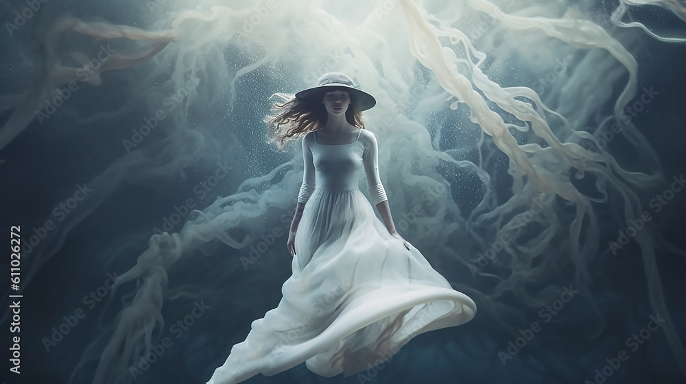 generative AI tools, Fantasy jellyfish girl floating in levitation on a ...
