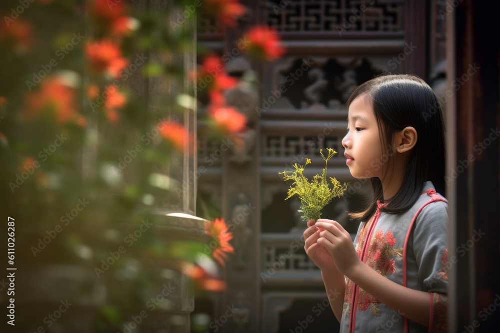 Conceptual portrait photography of a glad kid female sniffing the ...