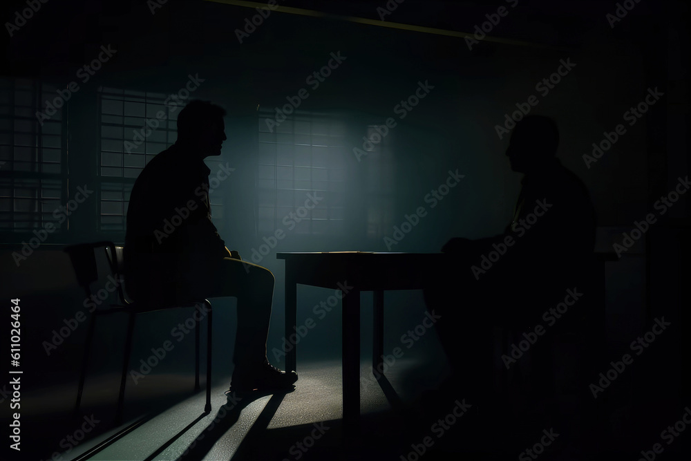 Dark Interrogation room with silhouette of detective and suspect or ...
