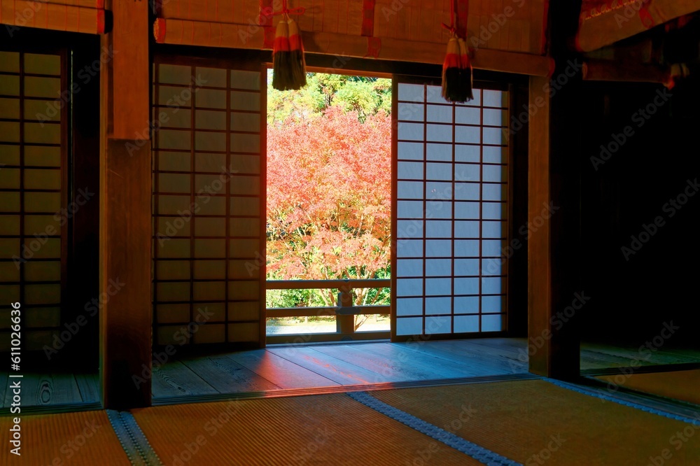 Perspective view of a traditional Japanese room in Shoren-In, a famous ...