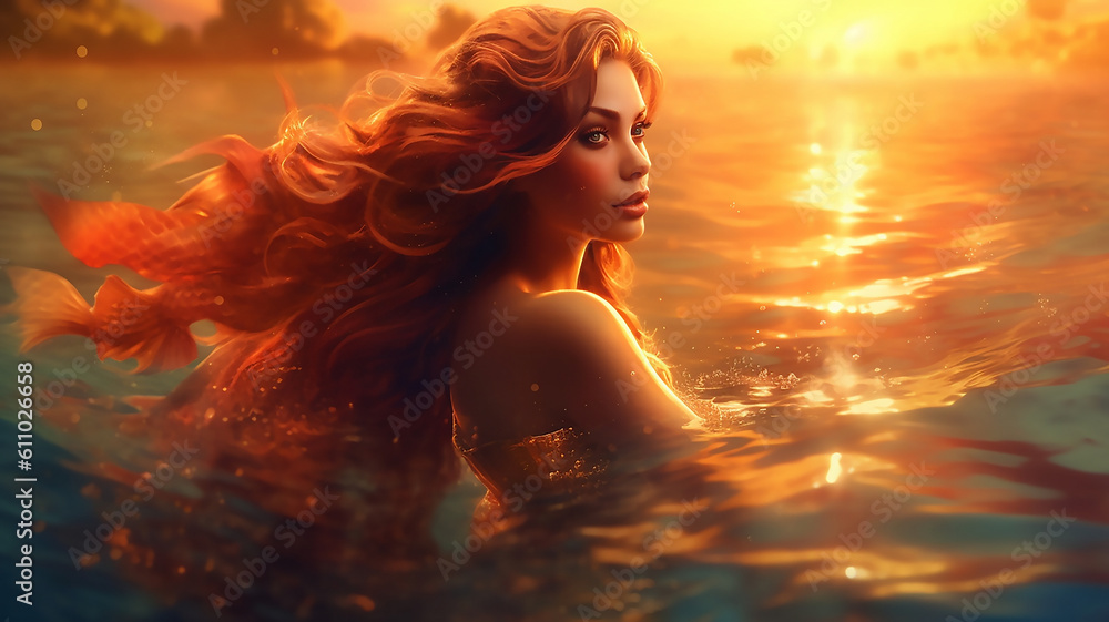 Fantasy woman goldfish , ocean siren, mystic spirit sunset light ...