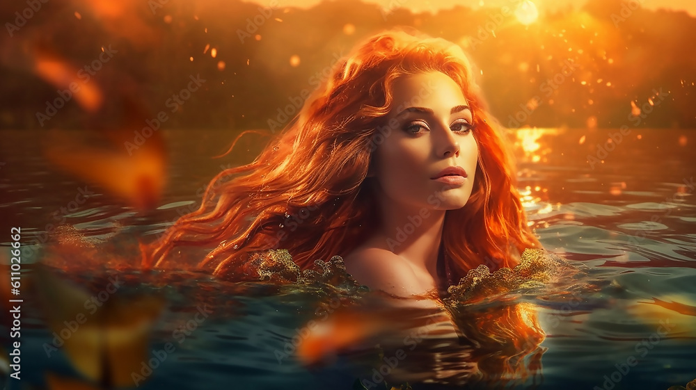 Fantasy woman goldfish , ocean siren, mystic spirit sunset light ...