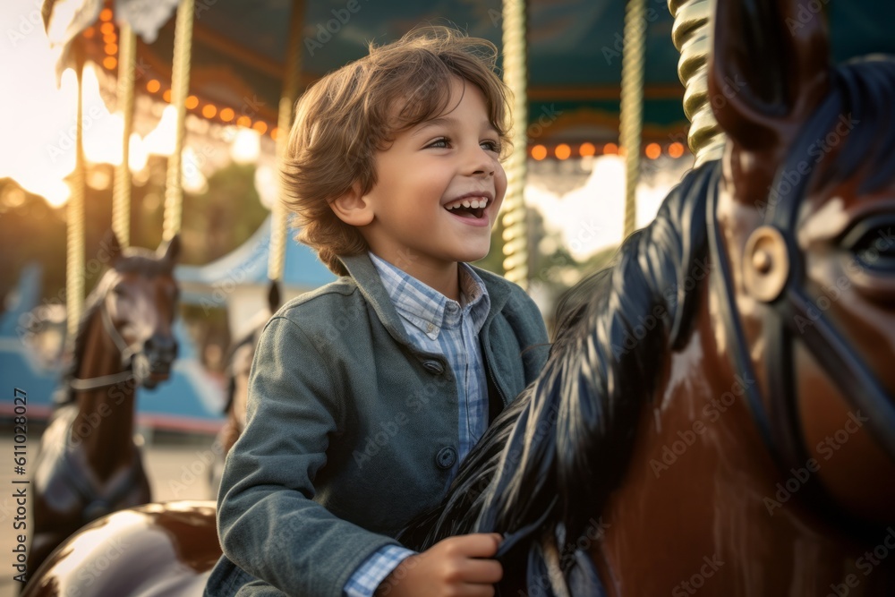 ภาพประกอบสต็อก Lifestyle portrait photography of a glad kid male riding ...
