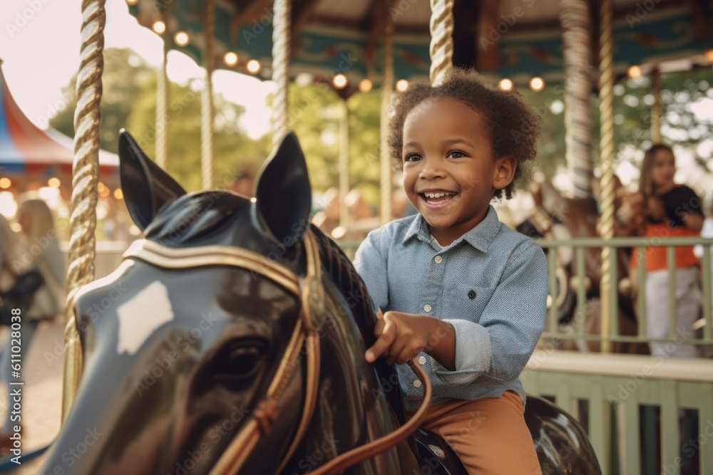 Lifestyle portrait photography of a glad kid male riding a horse ...