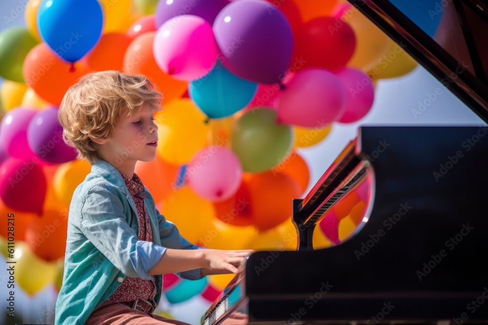 Lifestyle portrait photography of a glad kid male playing the piano ...