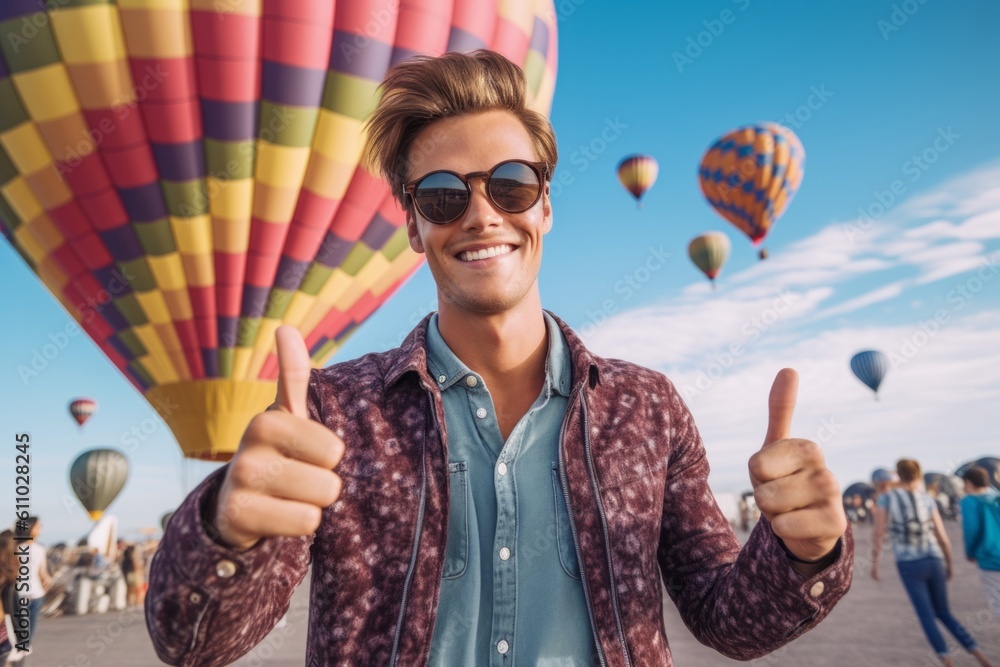 Lifestyle portrait photography of a glad boy in his 30s with thumbs up ...