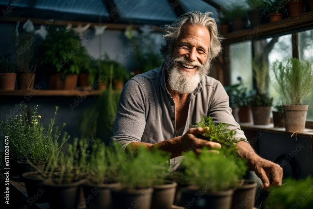 Environmental portrait photography of a happy mature man growing plants ...