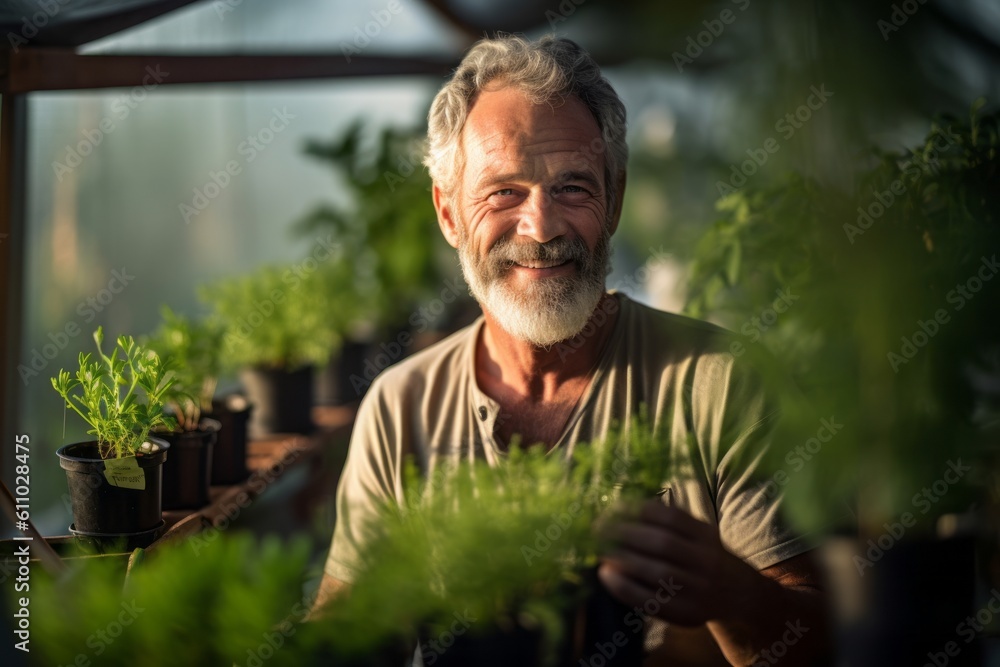 Environmental portrait photography of a happy mature man growing plants ...