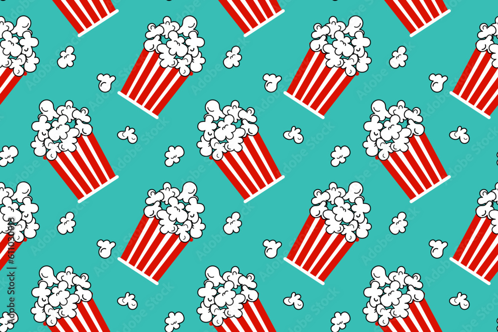 Popcorn red and white striped bucket seamless pattern on blue ...