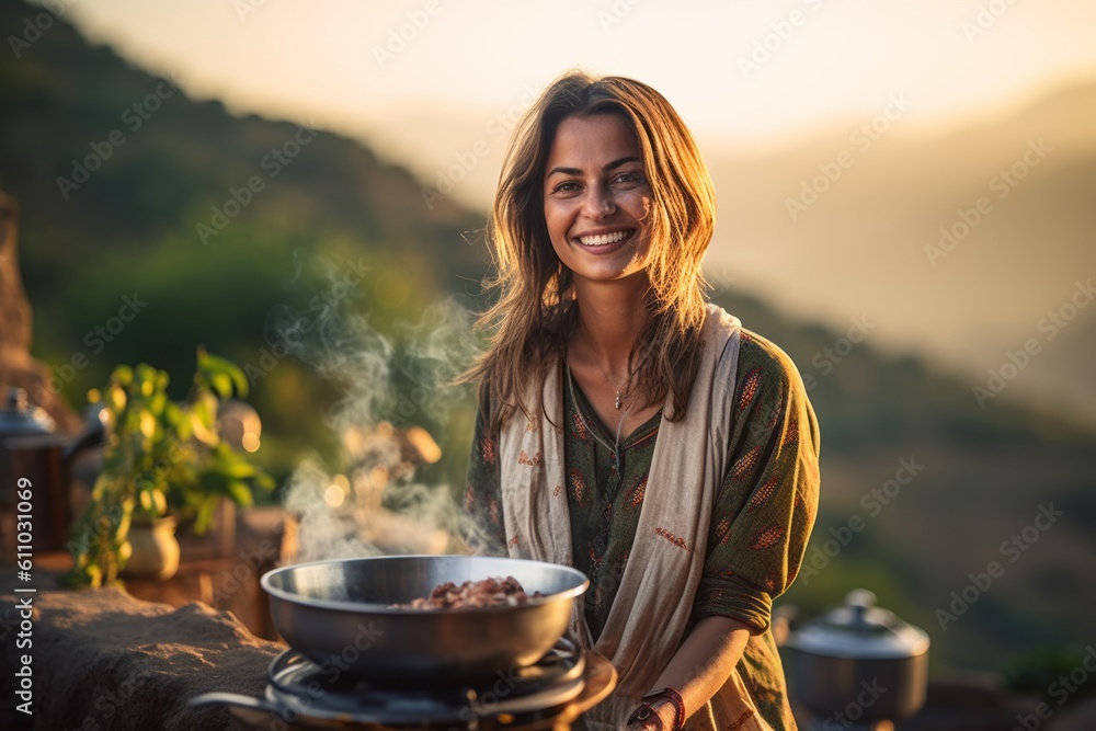 Environmental portrait photography of a joyful girl in her 30s cooking ...