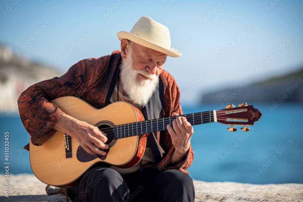 Photography in the style of pensive portraiture of a grinning old man ...