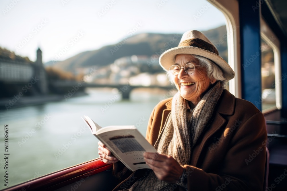 Medium shot portrait photography of a happy old woman reading a book ...