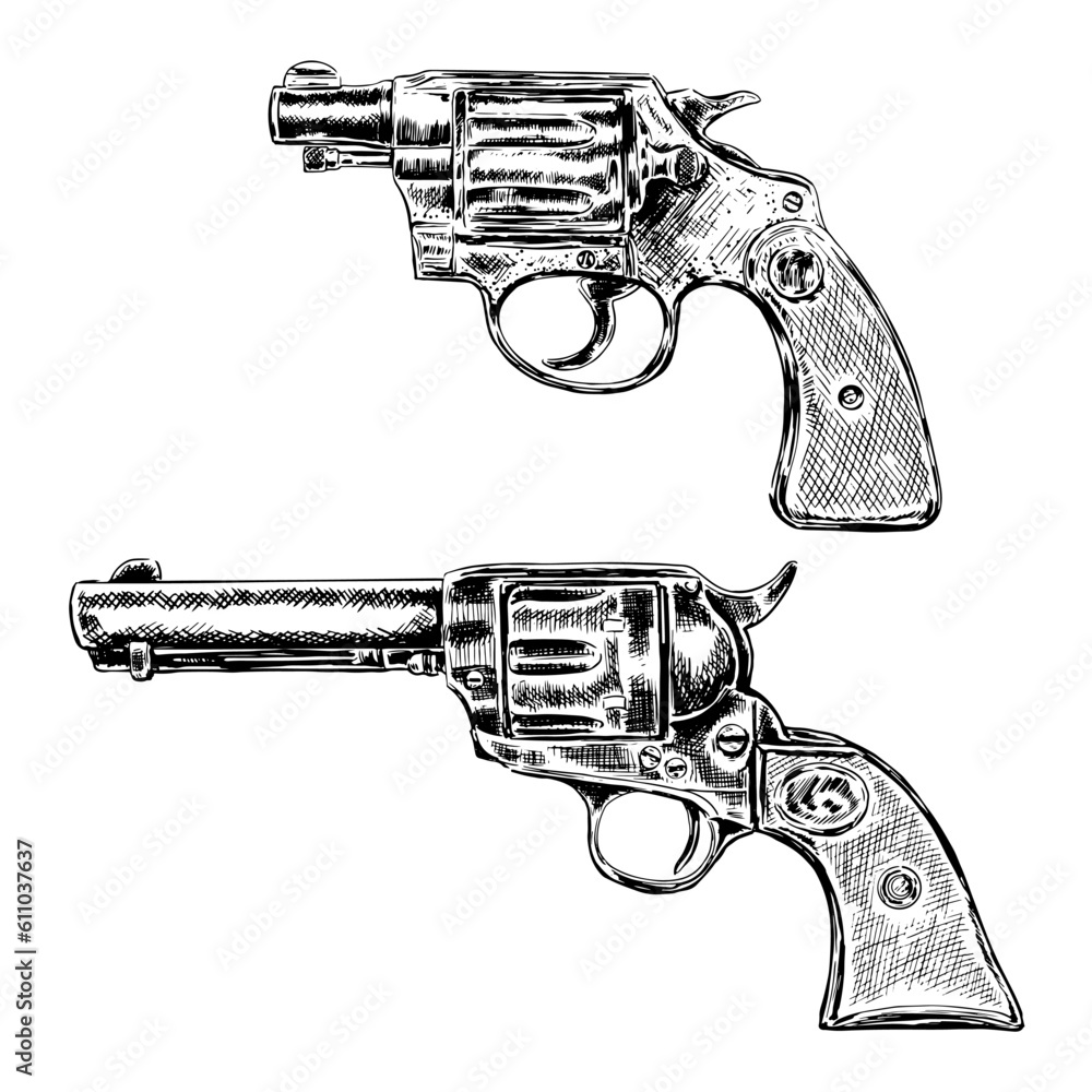 two lineart drawings of vintage and classic pistols Stock Vector ...