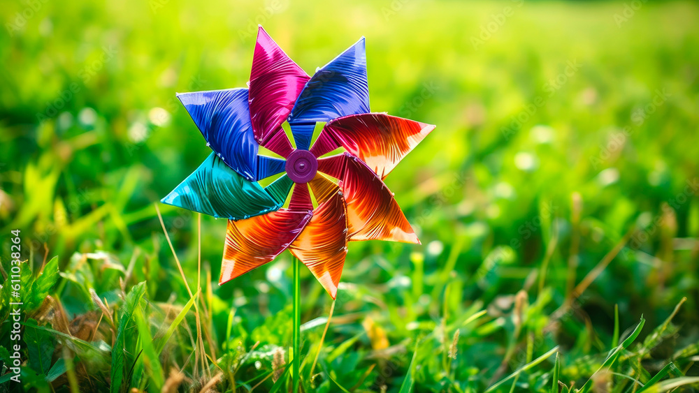 rainbow-colored pinwheel, its colors vivid and contrasting against a ...