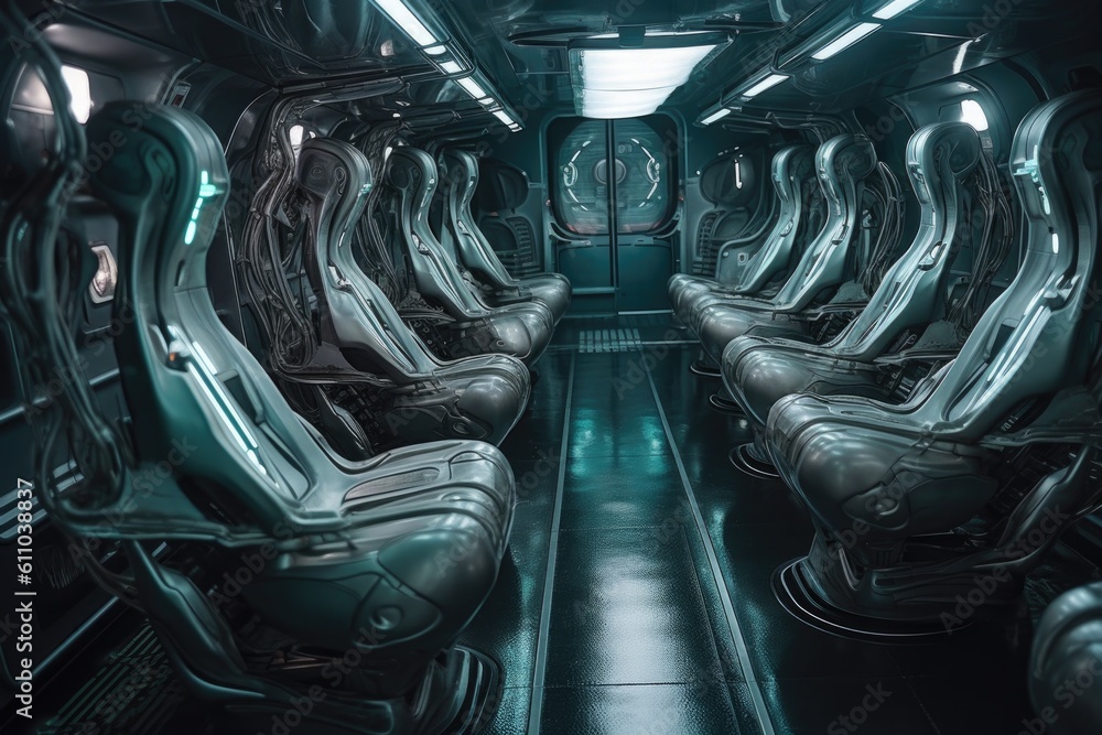futuristic bus with aliens seated in the seats, each one unique in its ...
