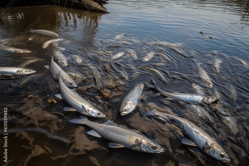 chemical spill in river, with dead fish floating on the surface ...