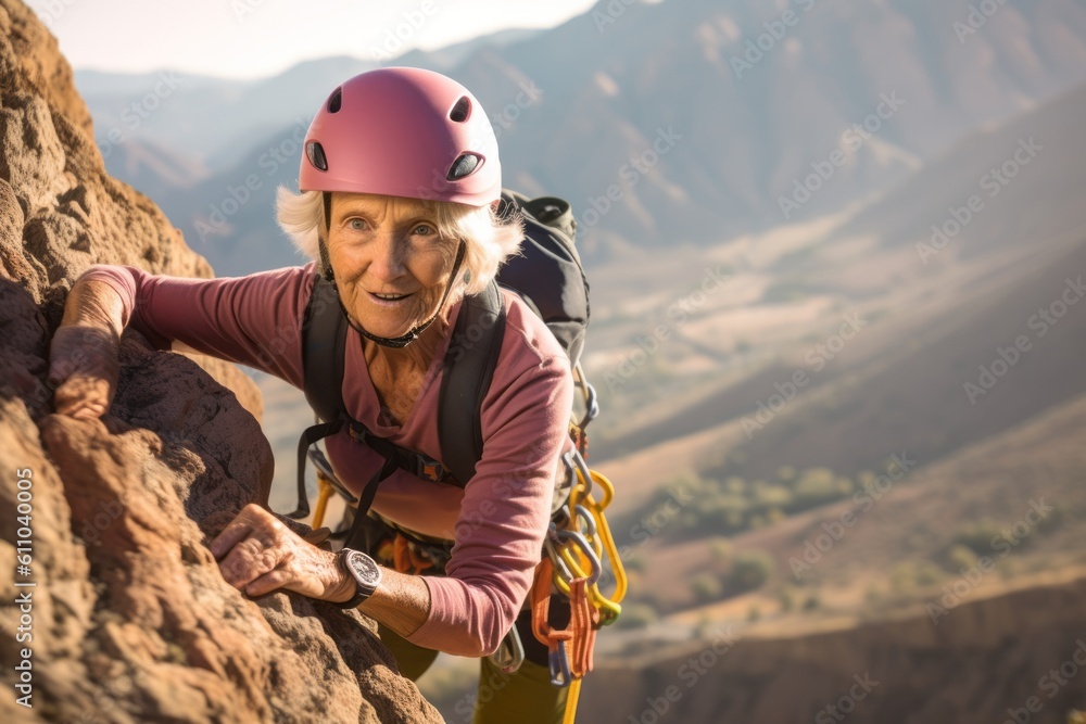 Environmental portrait photography of a satisfied old woman practicing rock climbing against a ...