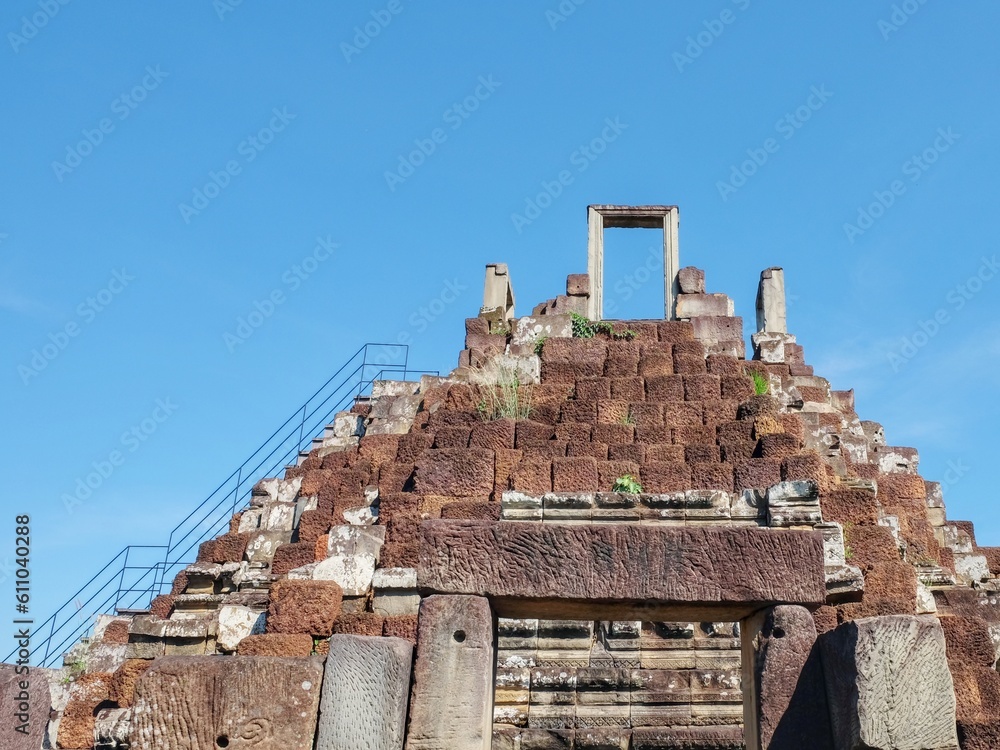 The top of an ancient stone pyramid from Cambodia, medieval ruins in ...
