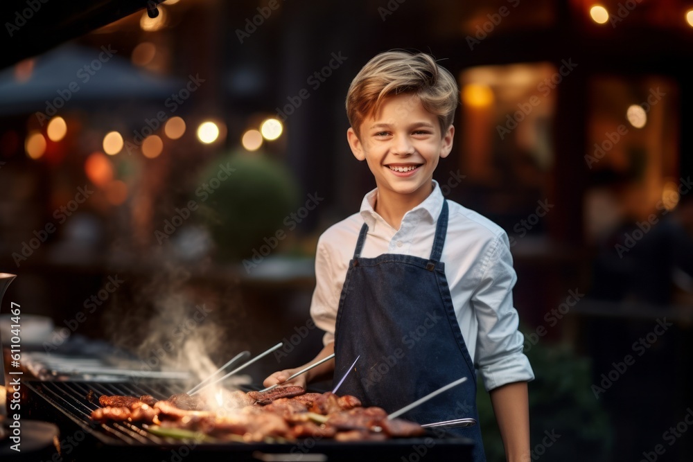 Medium shot portrait photography of a satisfied kid male cooking on a ...