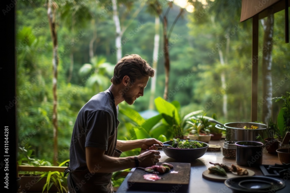 Lifestyle portrait photography of a satisfied boy in his 30s cooking ...