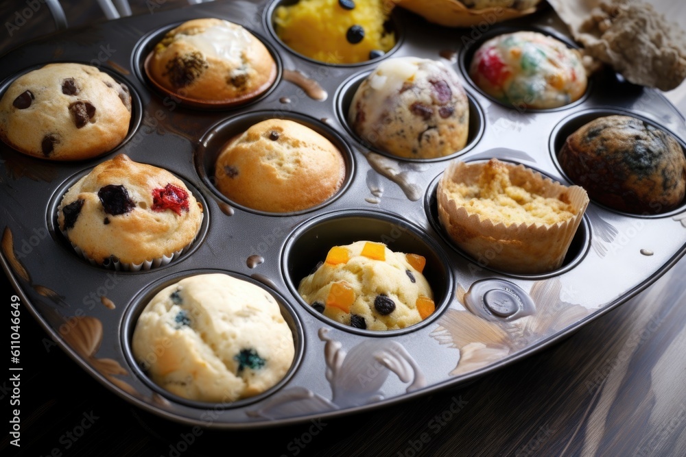 muffin tin filled with various muffins and scones, ready for a tea ...