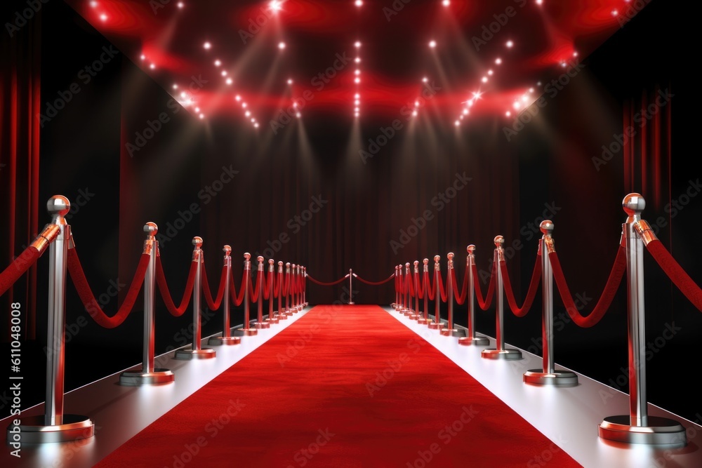 red carpet leading to red velvet stage, with glittering lights and ...