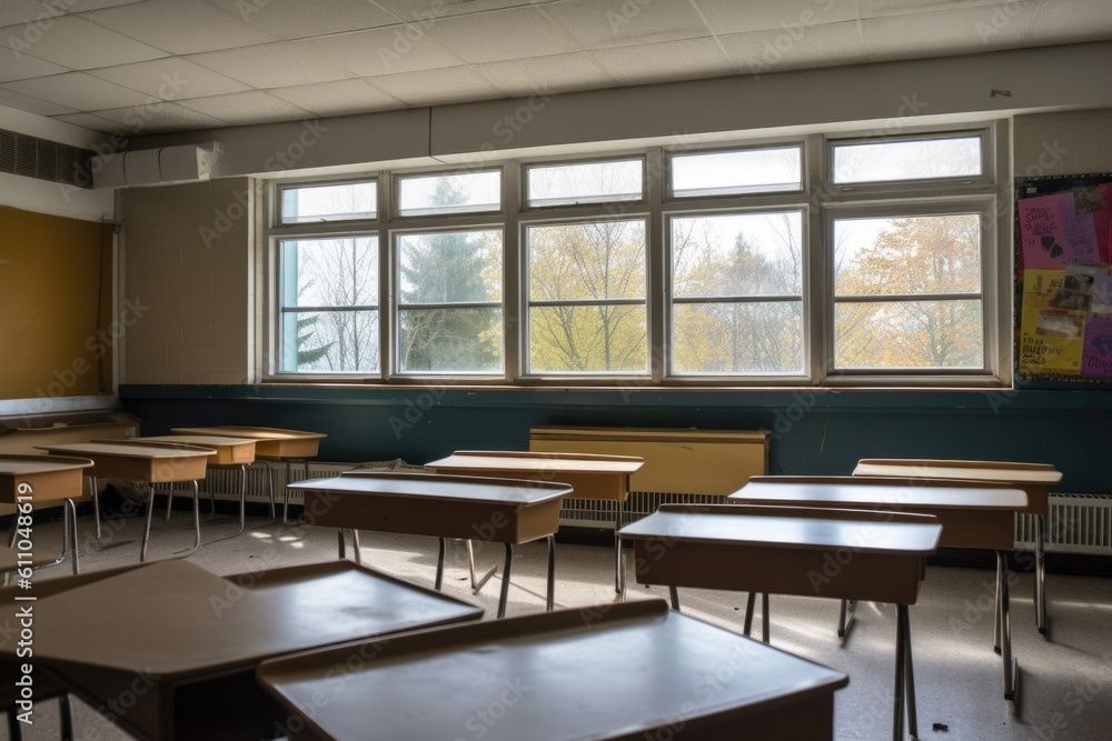 a teacher's empty classroom with a view of the school yard, desks ...