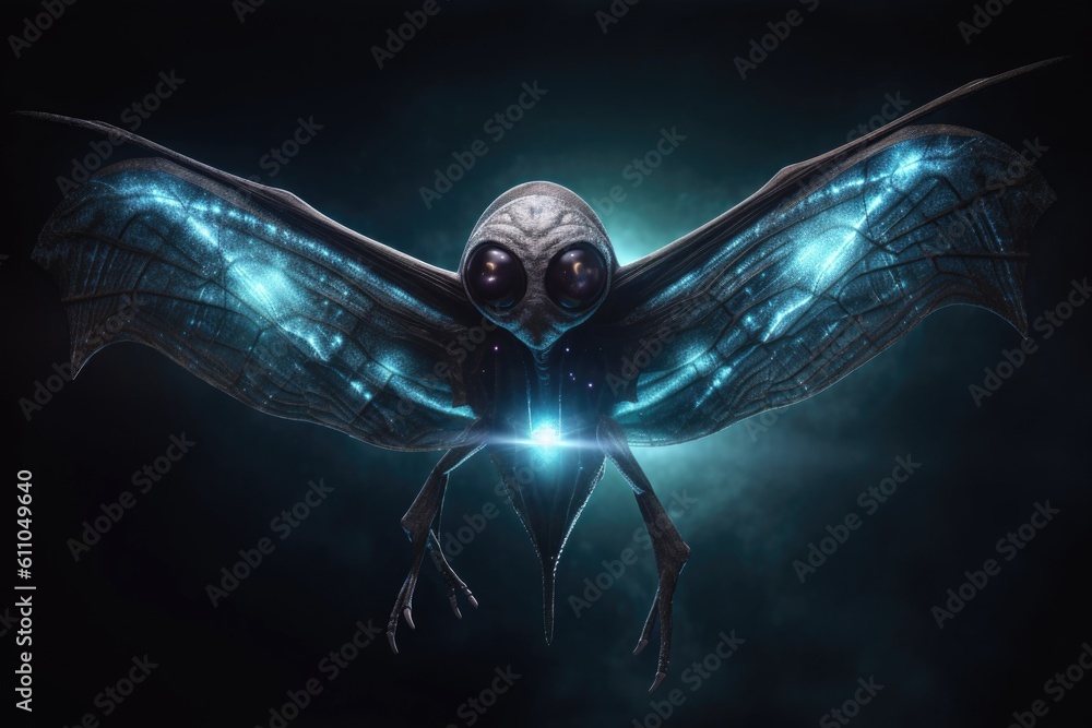 alien flying creature, with its wings spread and eyes shining, created ...