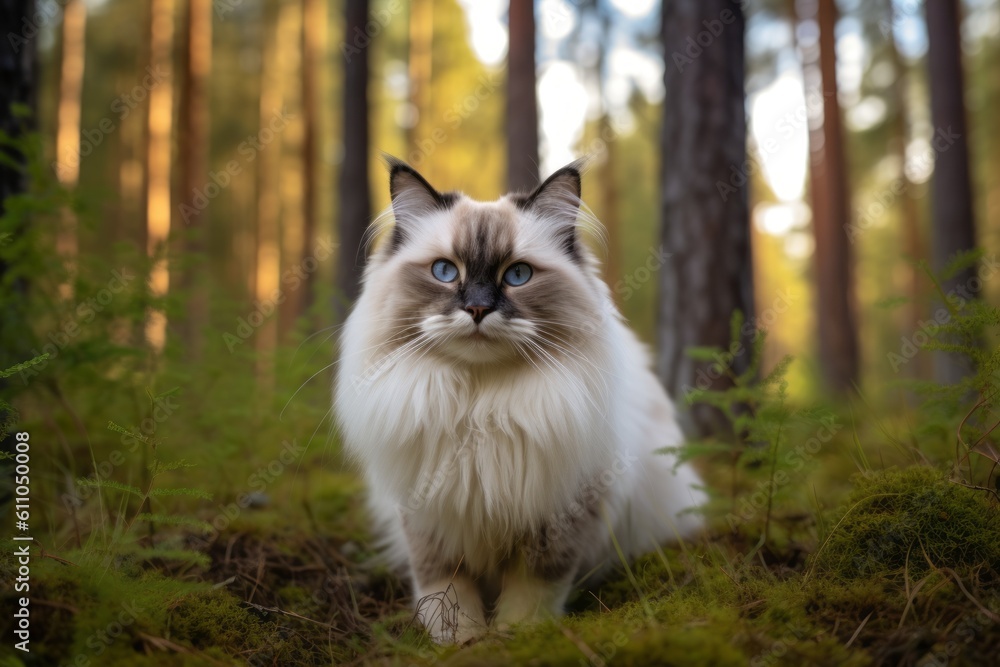 Environmental portrait photography of a happy ragdoll cat skulking ...