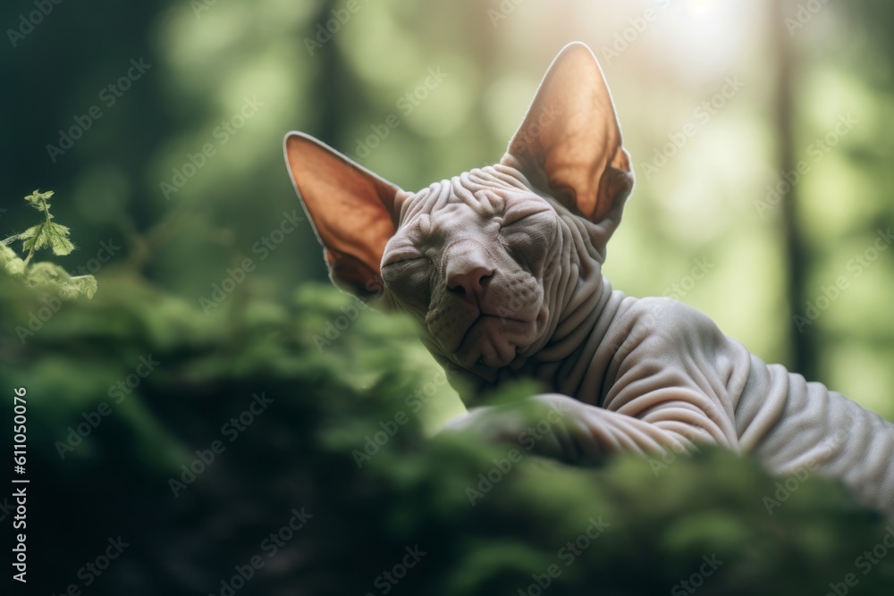 Lifestyle portrait photography of a smiling sphynx cat sleeping against ...