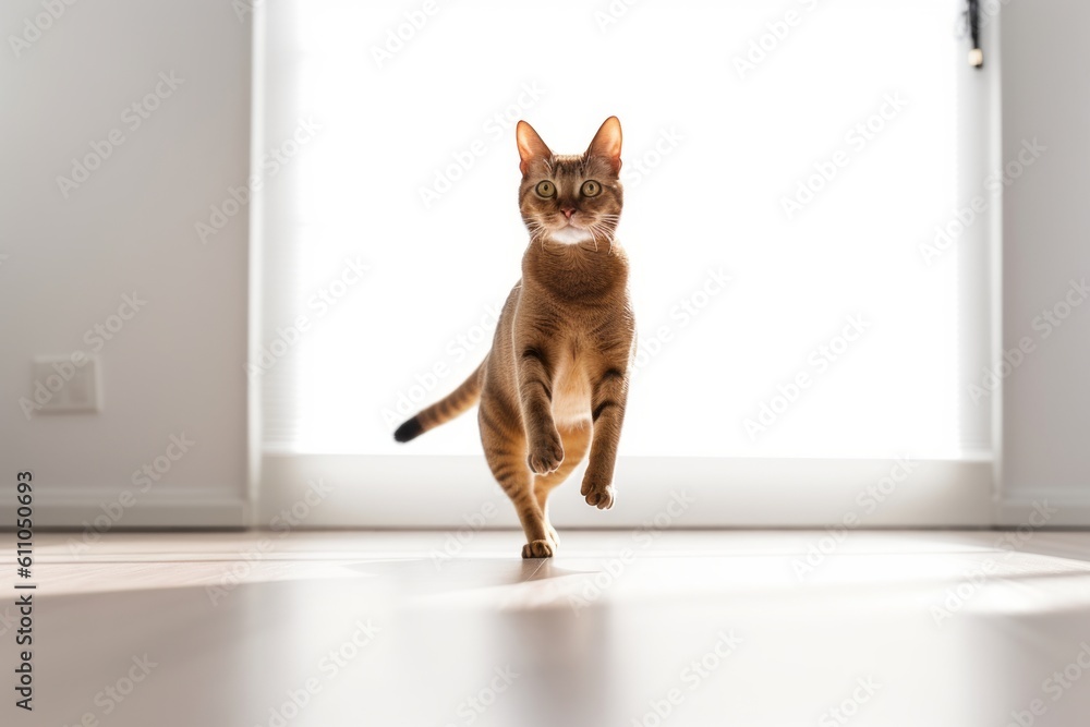 Environmental portrait photography of a funny abyssinian cat hopping ...